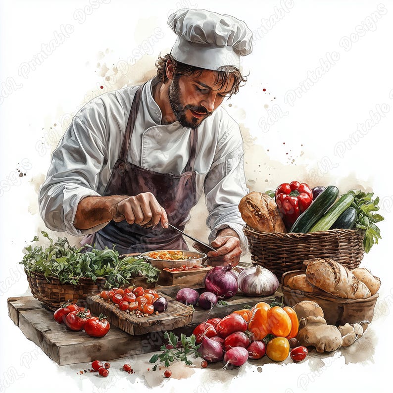 Watercolor Chef Clipart, Kitchen Cooking, Food Scrapbook Paper (JPG ...