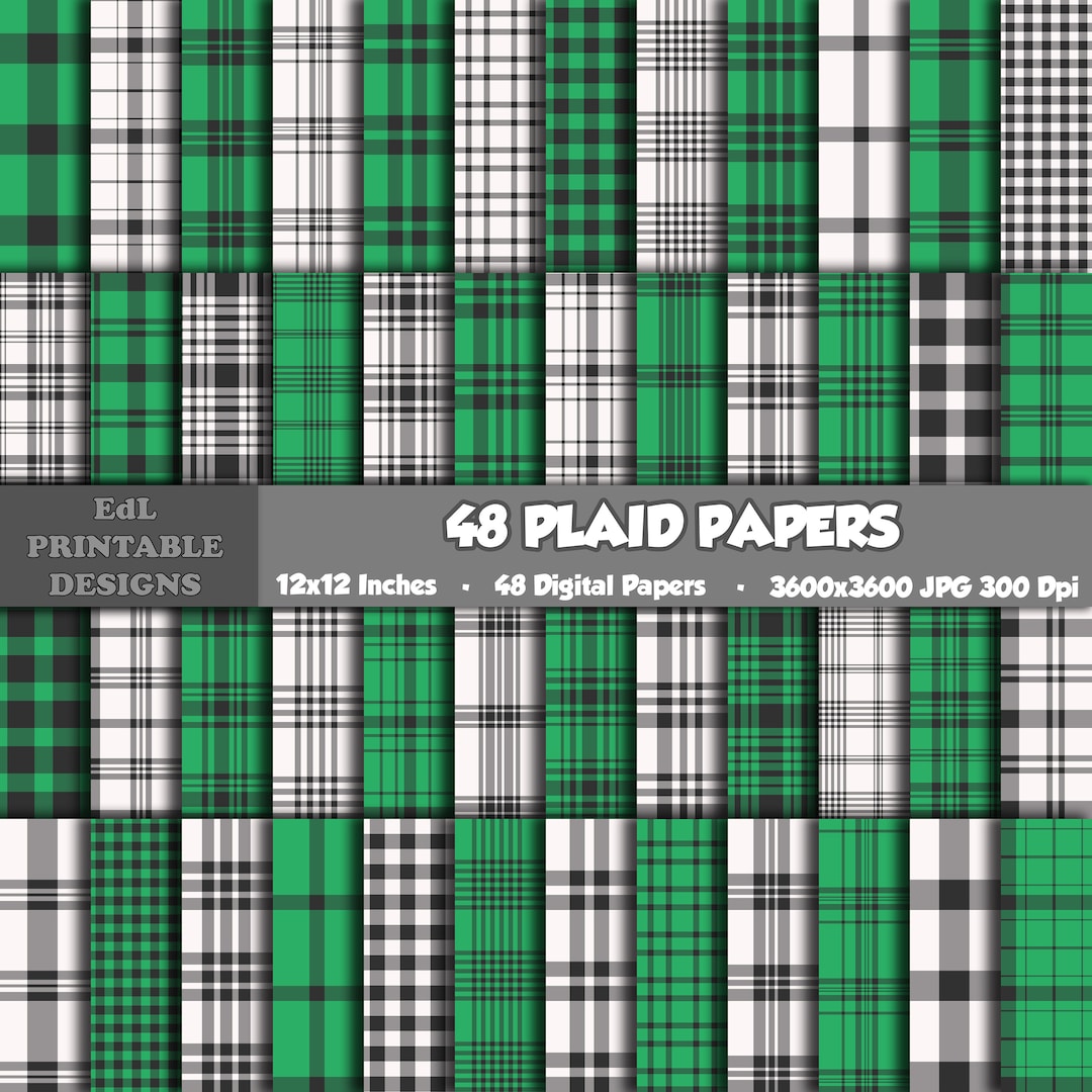 Green and Black White Color Plaid Digital Paper, Tartan Printable ...