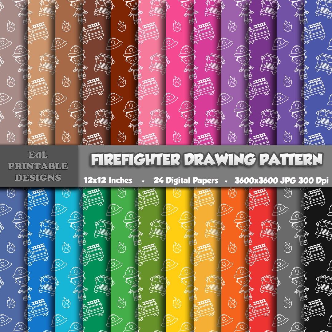 Firefighter Drawing Pattern Digital Paper, Firetruck Printable Doodle ...