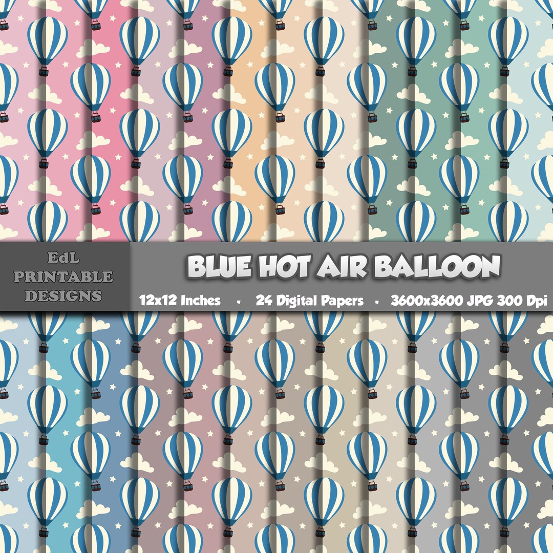 Blue Hot Air Balloon Digital Paper, Nursery Printable Background, Baby ...