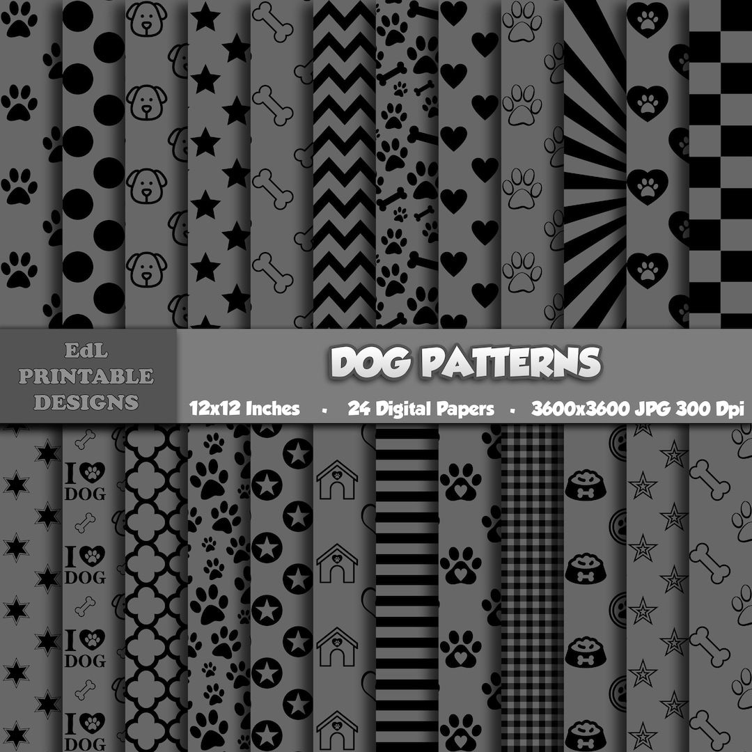 Gray and Black Dog Patterns Digital Paper, Animal Prints Background ...