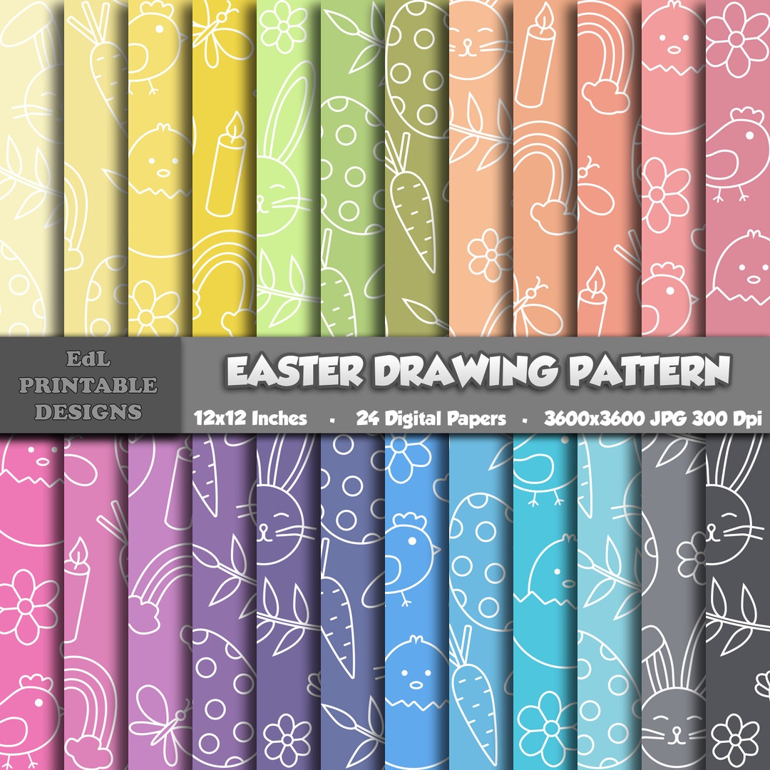 Easter Drawing Pattern Digital Paper, Cute Happy Easter Egg Printable ...