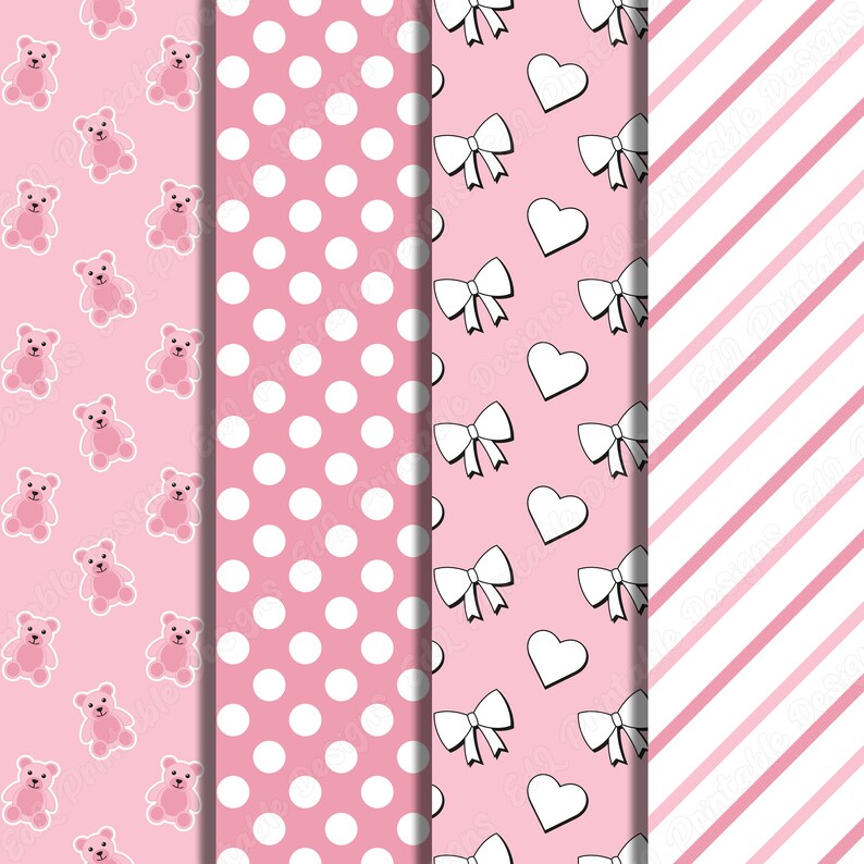 Pink Teddy Bear Digital Paper, Baby Girl Scrapbook (digital Download ...
