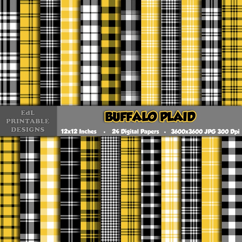 Yellow, Black and White Buffalo Plaid Digital Paper, Printable Tartan ...