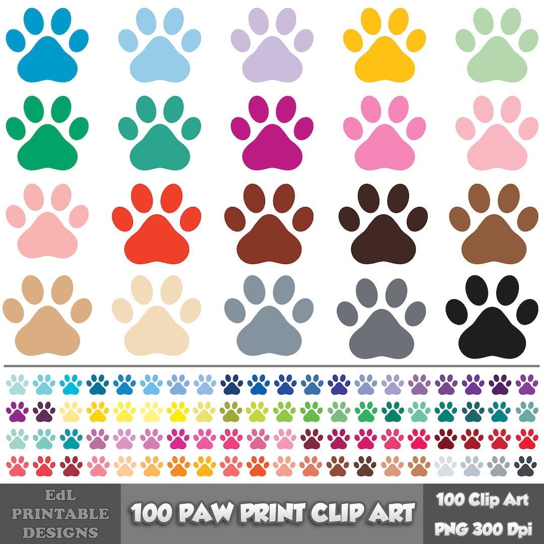 100 Solid Color Paw Print Clip Art, Rainbow Dog and Cat Paw Clipart ...