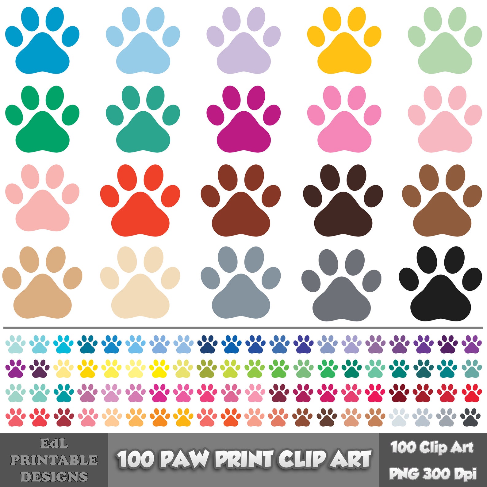 100 Solid Color Paw Print Clip Art, Rainbow Dog and Cat Paw Clipart ...