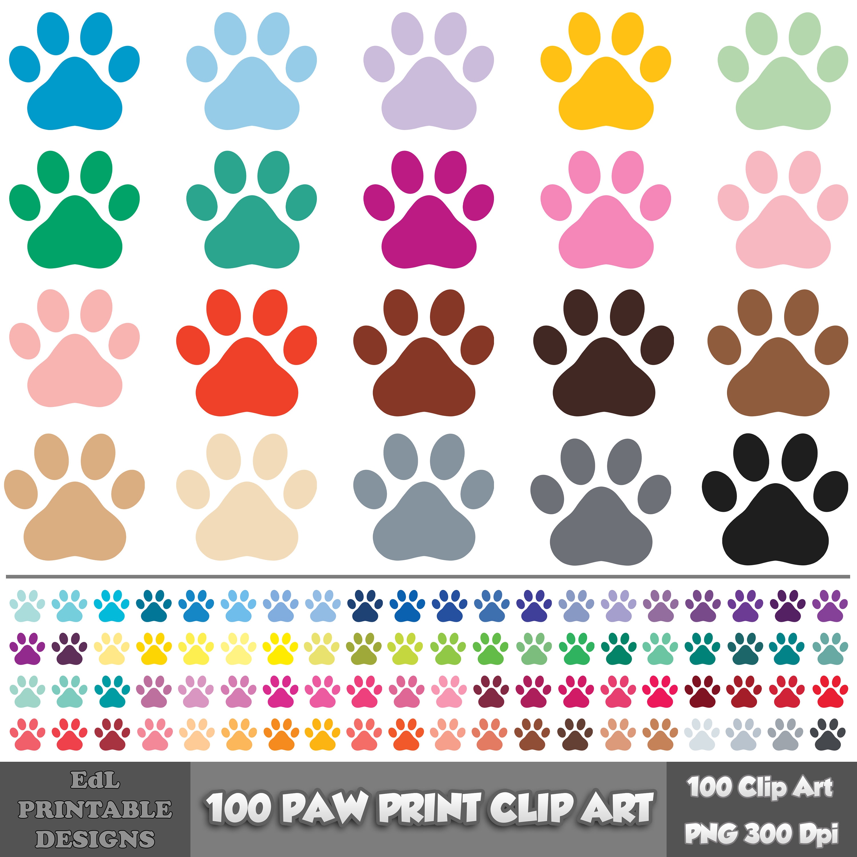 100 Solid Color Paw Print Clip Art, Rainbow Dog and Cat Paw Clipart ...