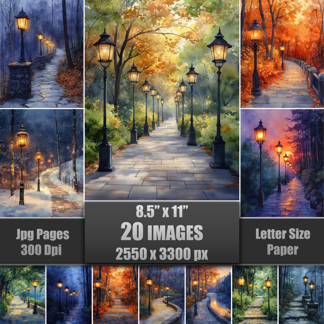 Street Lamps Junk Journal Paper, Vintage Landscape Scene (digital ...