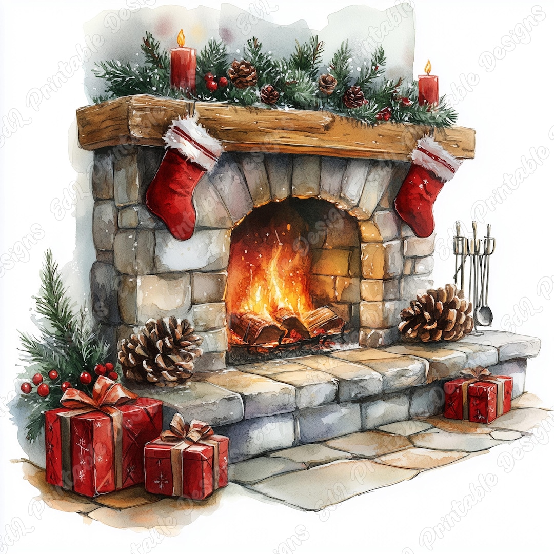 20 Christmas Fireplace Clip Art, Watercolor Cozy Fireplace Printable ...