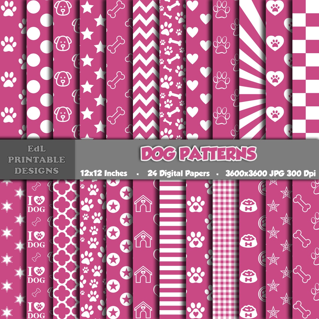 Pink and White Dog Patterns Digital Paper, Animal Prints Background ...