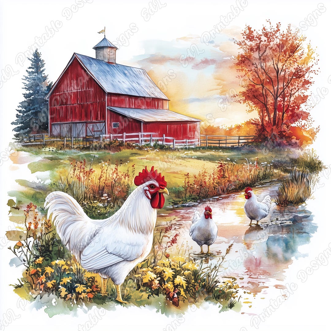 Rustic Rooster Farm Clip Art, Red Barn Landscape (JPG Digital Download ...