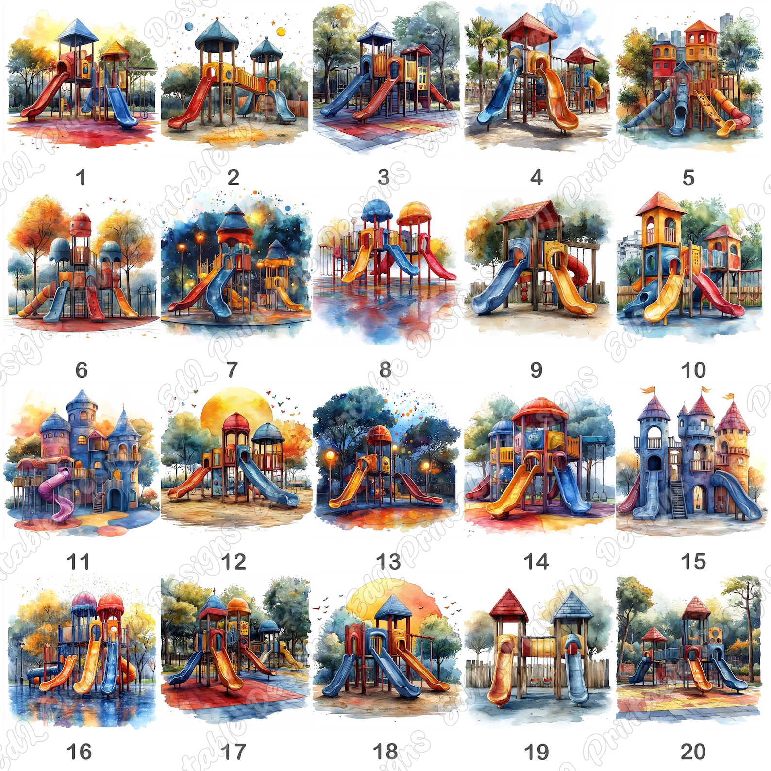 Watercolor Playground Clip Art, School Park Graphics (JPG Set, Digital ...