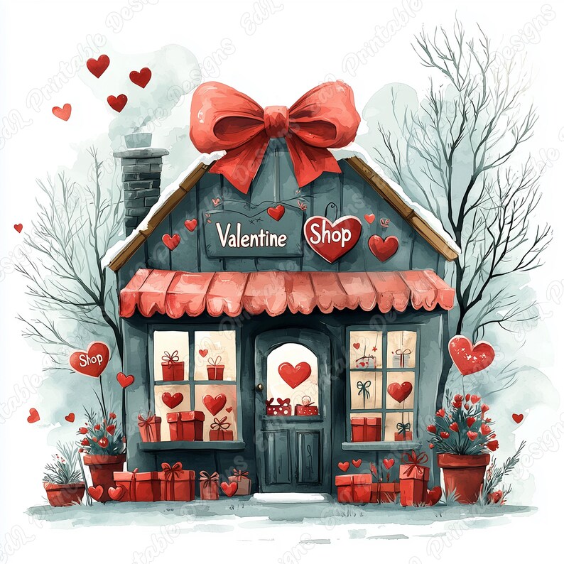 Valentine's Day Shop Clipart, Watercolor Storefront Images (JPG Digital ...