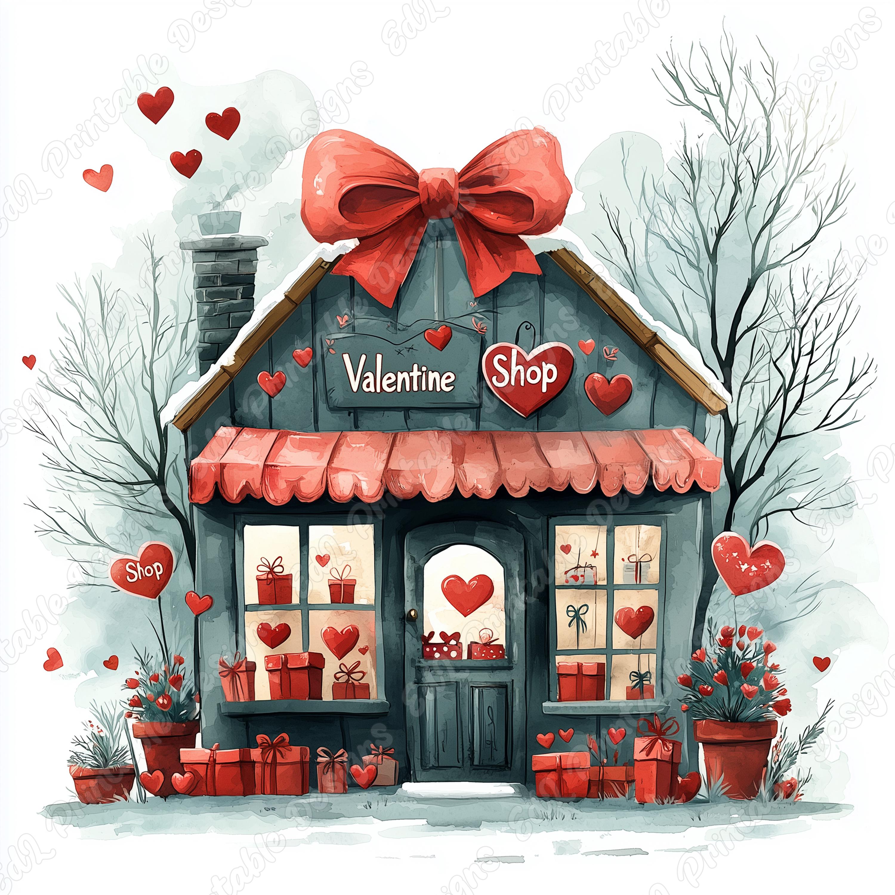 Valentine's Day Shop Clipart, Watercolor Storefront Images (JPG Digital ...
