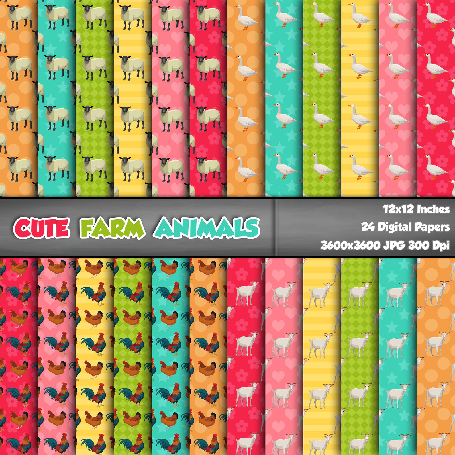 Cute Farm Animals Digital Paper Pack, Sheep Printable Background ...