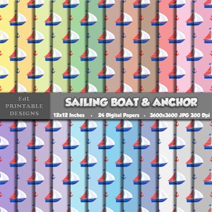 Sailing Boat and Anchor Digital Paper, Nautical Printable Background ...