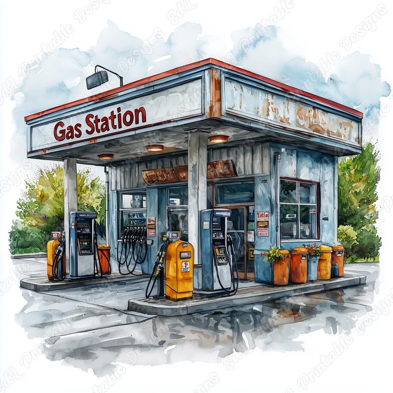 Retro Gas Station Clipart, Watercolor Style (JPG Digital Download) - Etsy