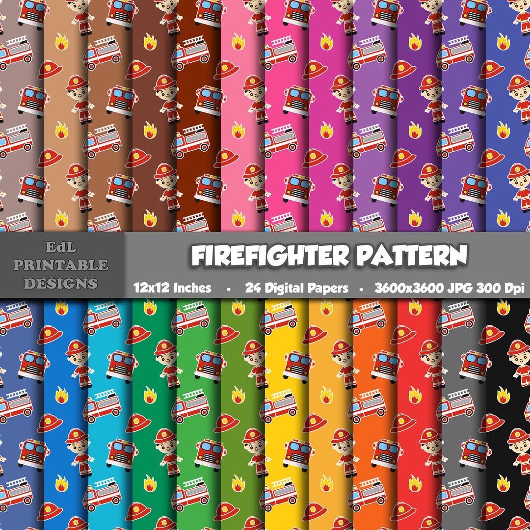 Firefighter Pattern Digital Paper, Fire Truck Printable Party ...