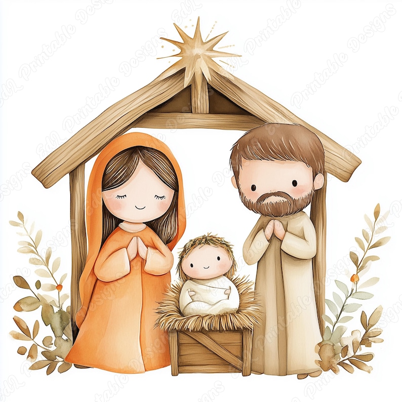 Nativity Scene Clip Art, Watercolor Holy Family, Scrapbook Paper ...
