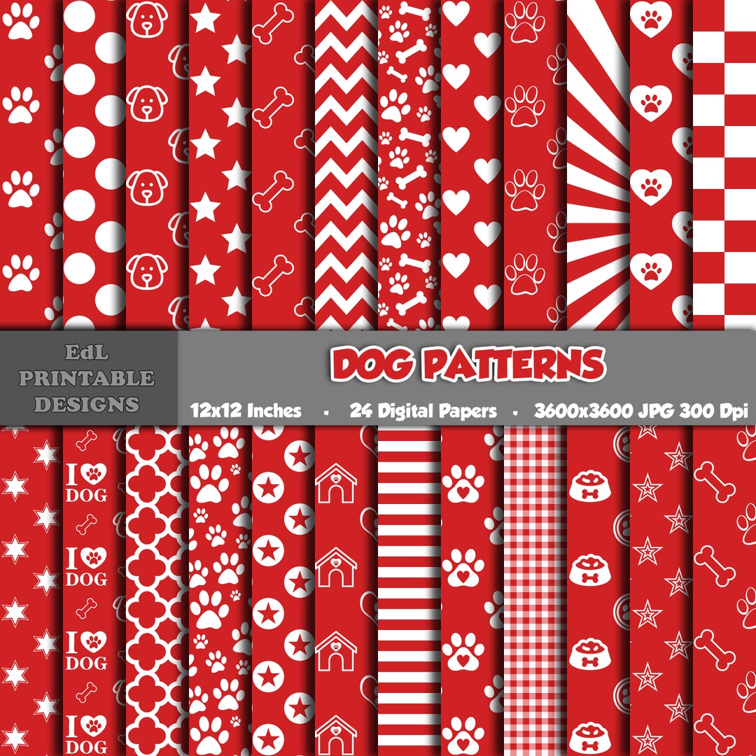 Red and White Dog Patterns Digital Paper, Animal Prints Background ...