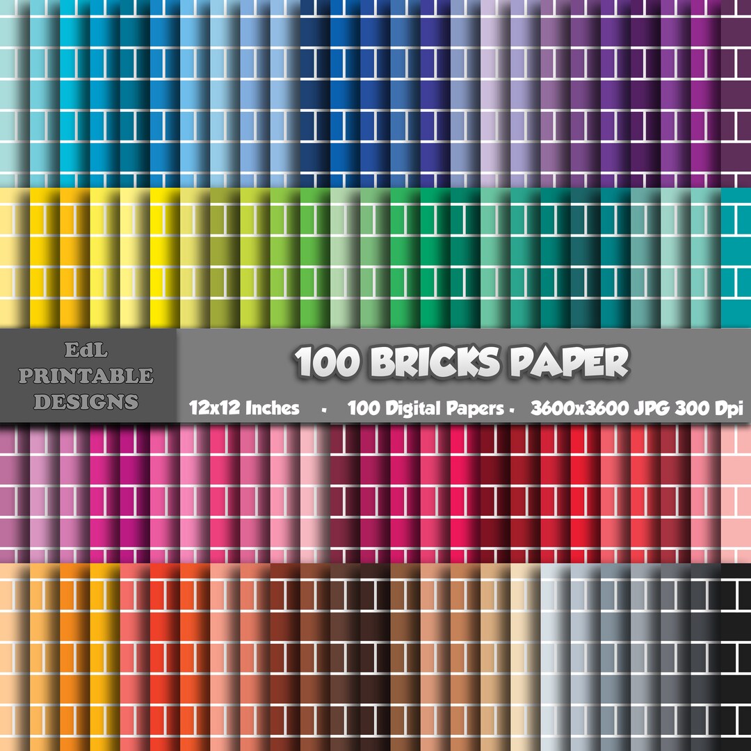 100 Bricks Digital Paper, Colorful Brick Wall Printable Background, Rectangle Scrapbook, Lattice ...