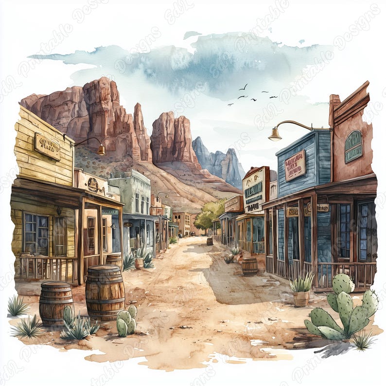 Watercolor Wild West Town Clip Art, Old Western Street (JPG Digital ...