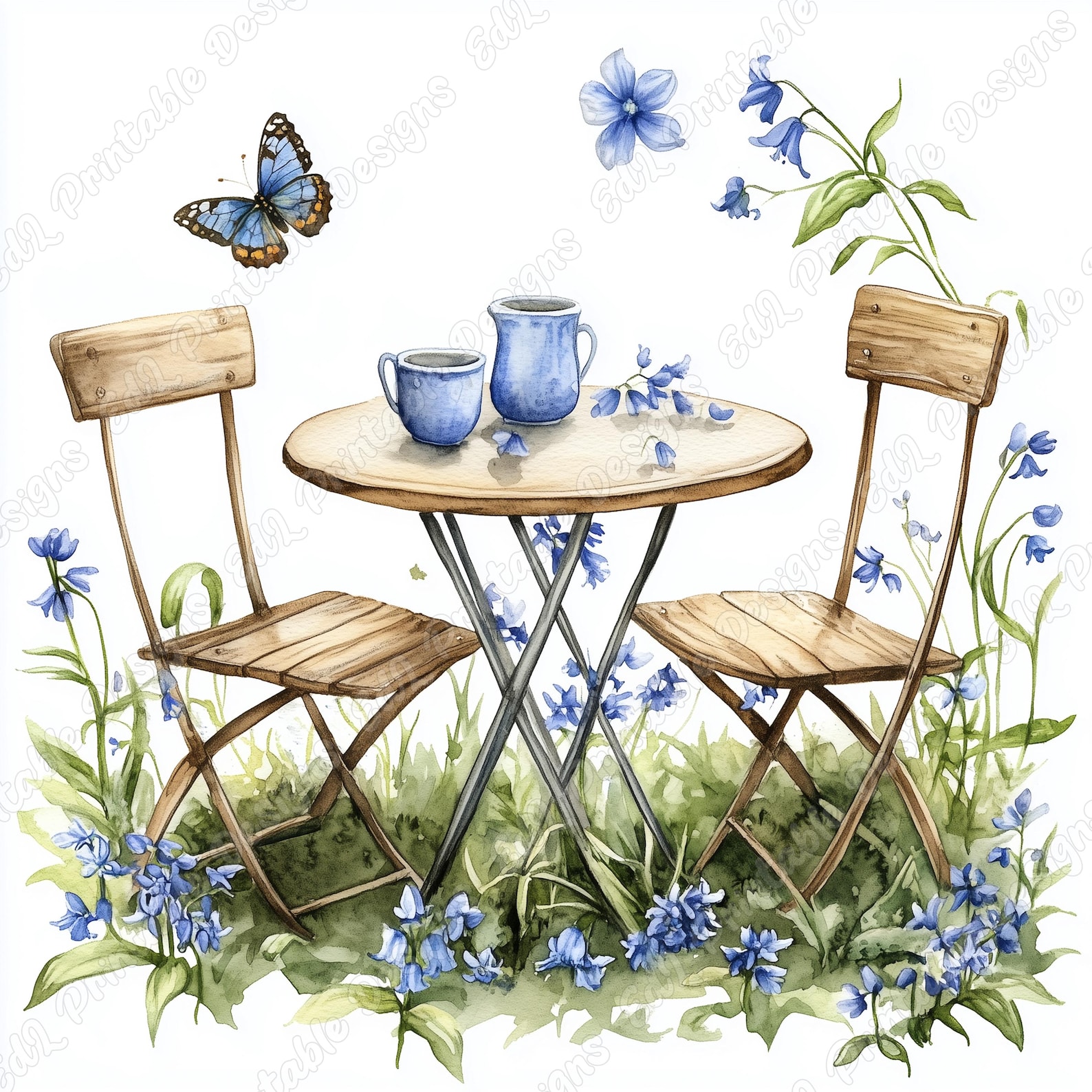 Watercolor Bistro Table and Chairs Clipart, Romantic Cafe Graphics (JPG ...