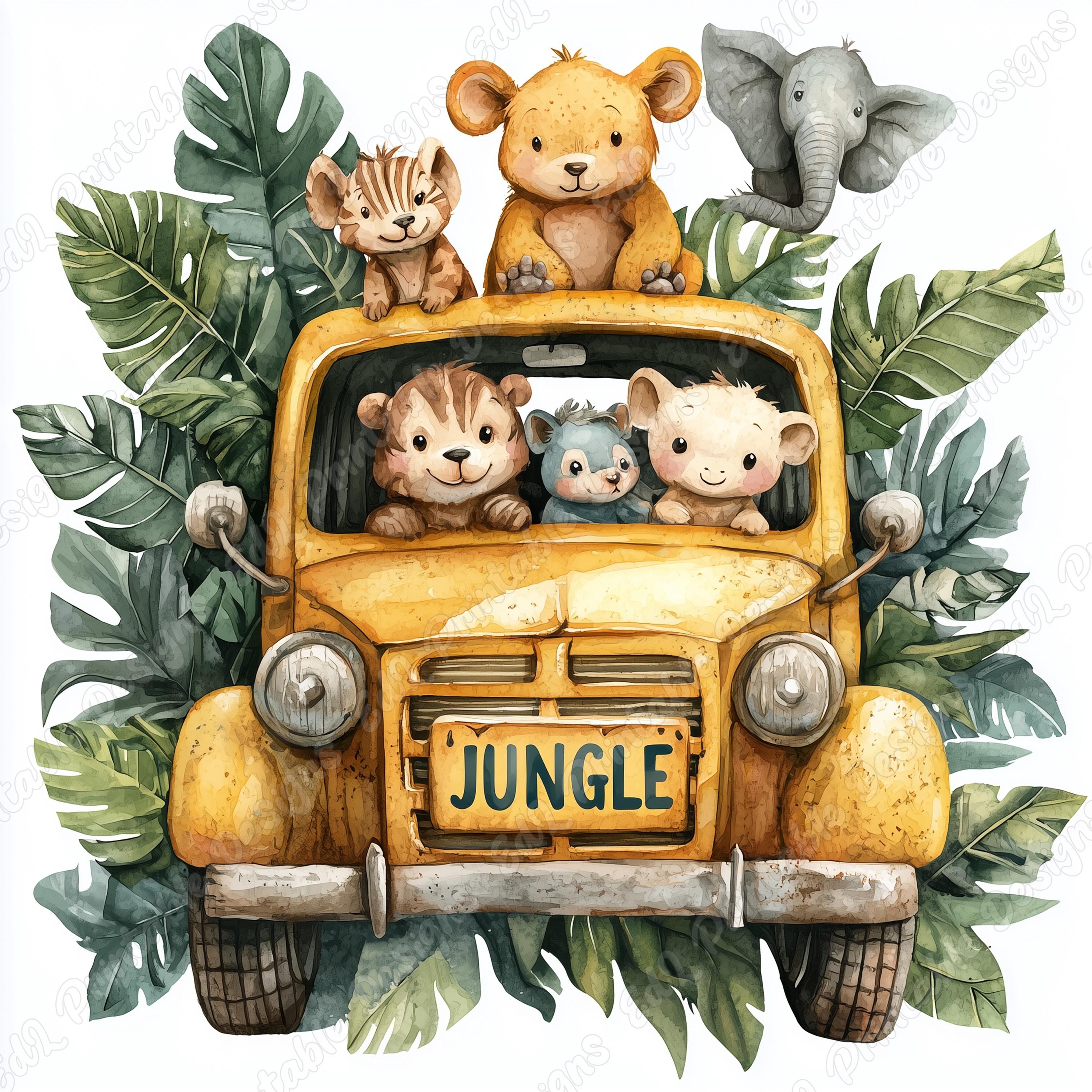 Safari Animals in Jeep Clipart, Jungle Truck Car Image, Nursery Decor ...