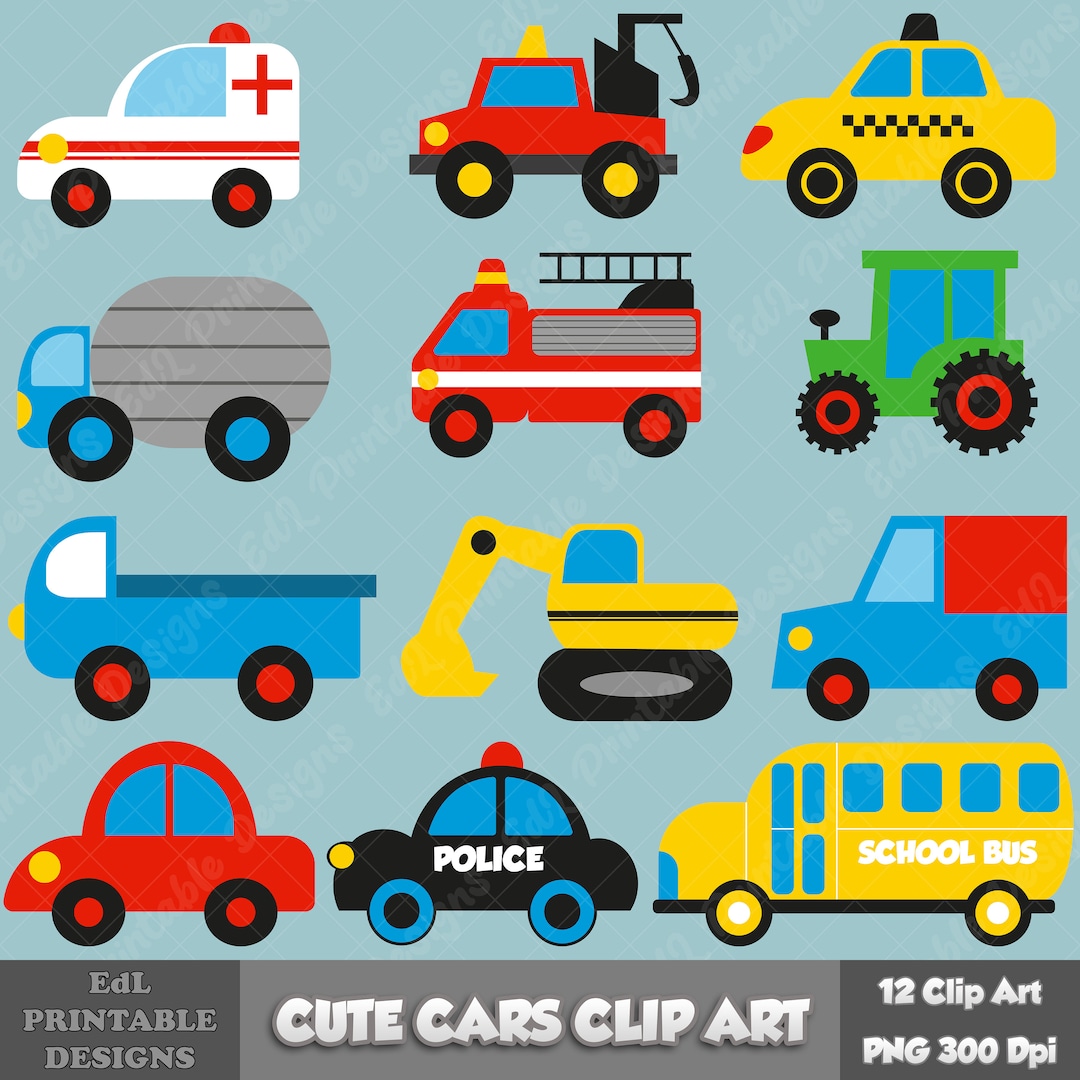 Cute Cars Clip Art, Vehicles Png, Printable Auto Party Decor ...