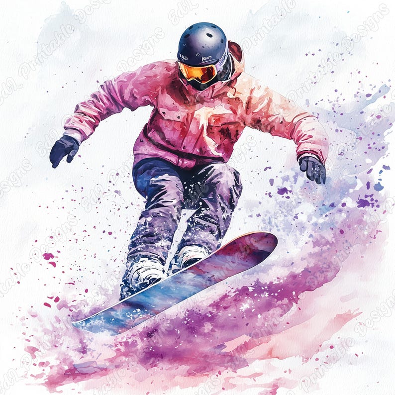 Watercolor Snowboarder Clipart, Printable Winter Sports Graphics ...