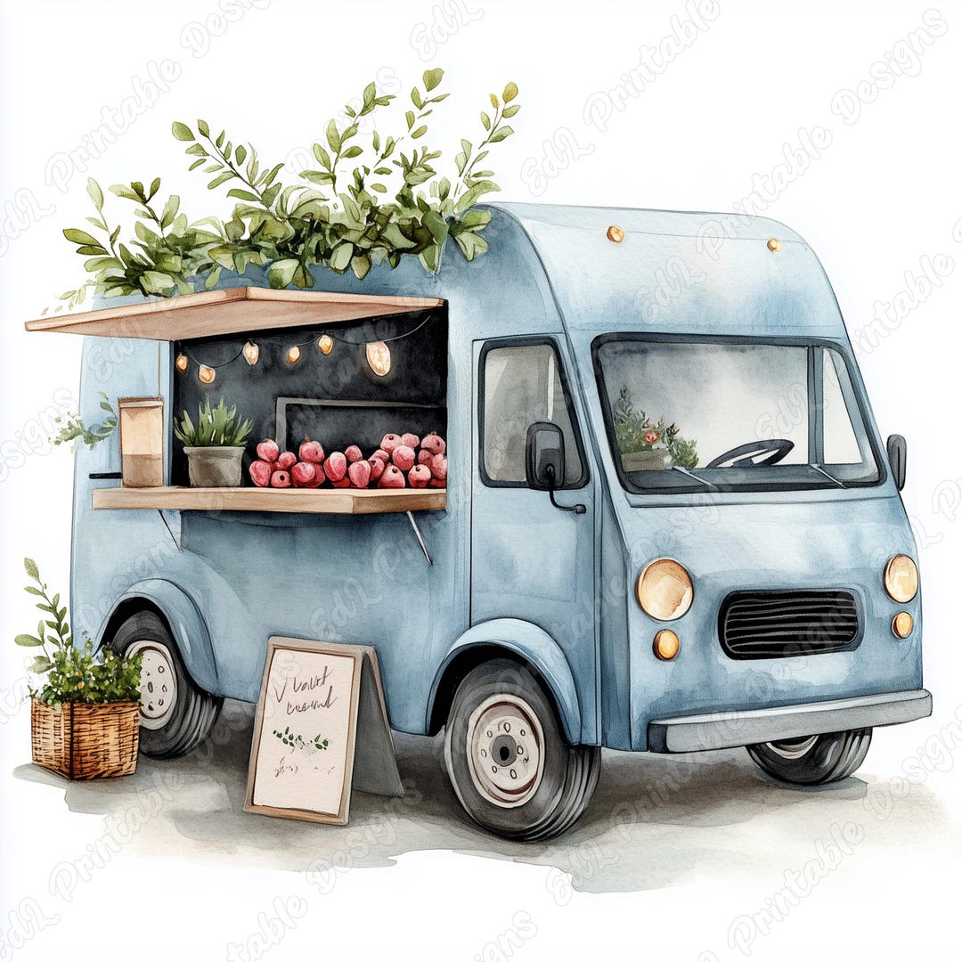 Watercolor Food Truck Clipart, Mobile Kitchen Illustration (JPG Bundle ...