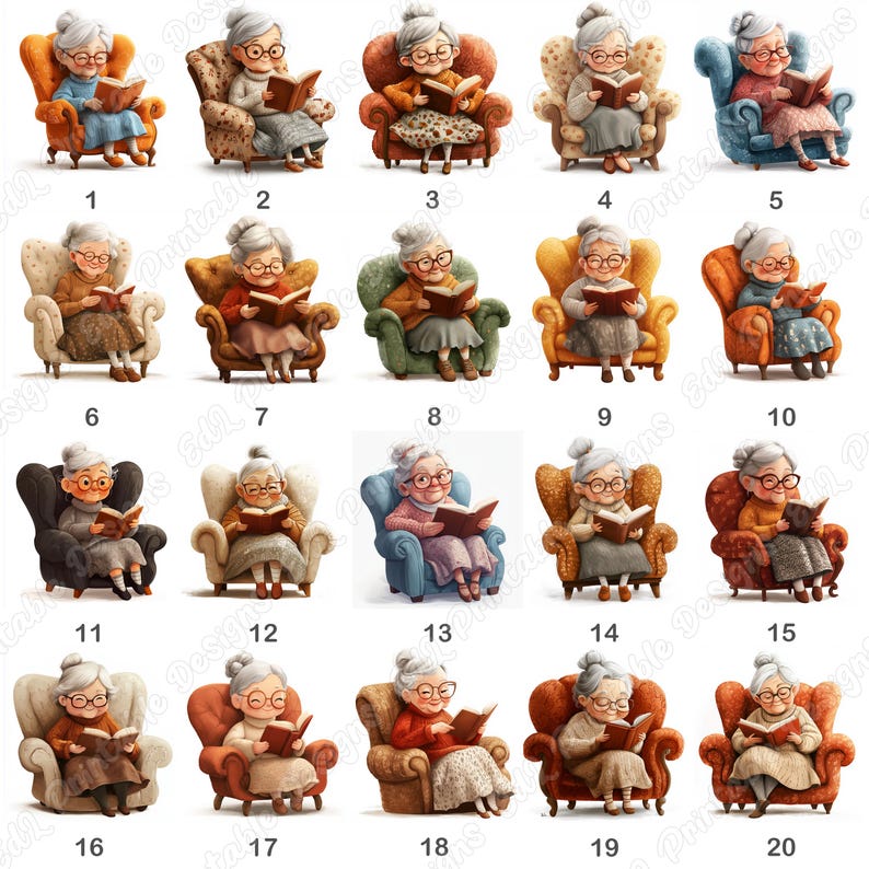 Grandmother Reading Clipart, Grandma Armchair Scene, Printable ...