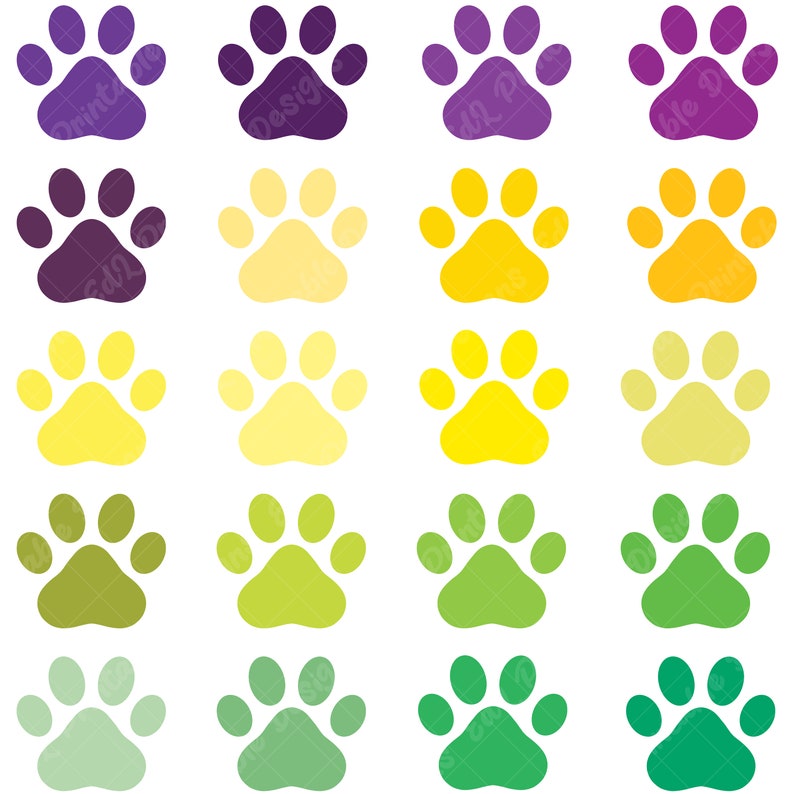 100 Solid Color Paw Print Clip Art, Rainbow Dog and Cat Paw Clipart ...