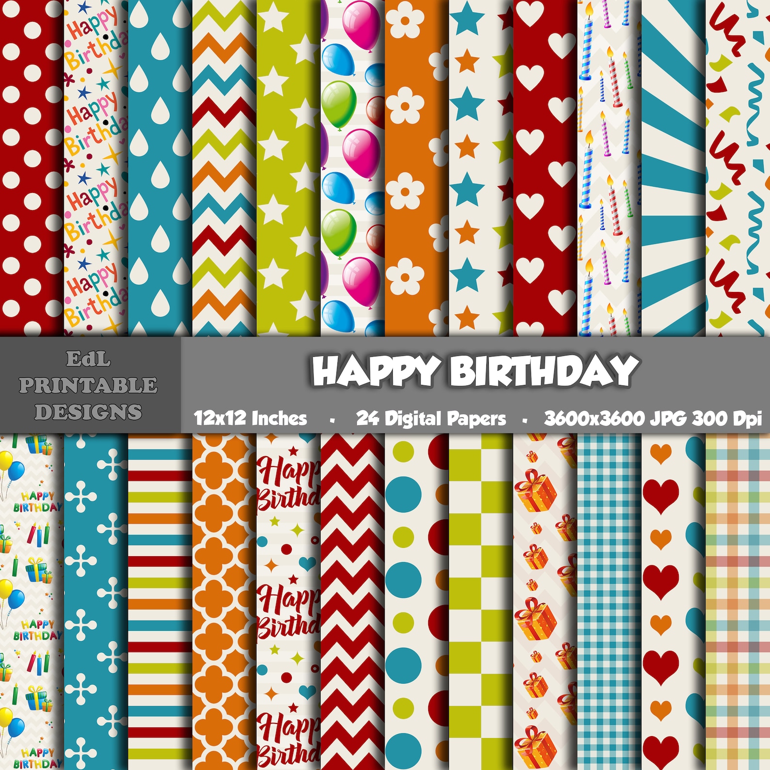 Happy Birthday Digital Paper Pack, Party Paper Printable Background ...