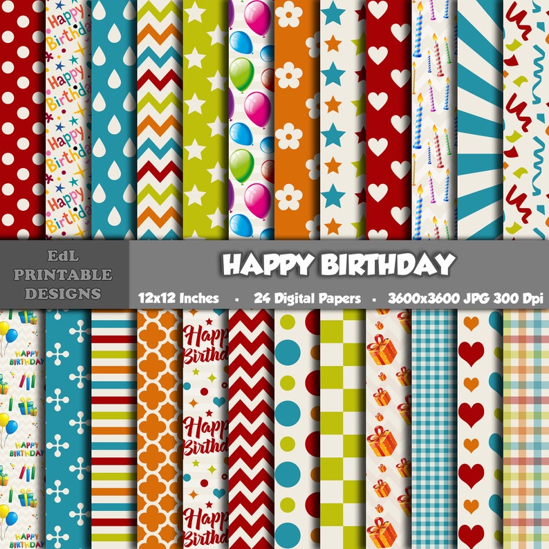 Happy Birthday Digital Paper Pack, Seamless Pattern, 12x12 (set of 24 ...