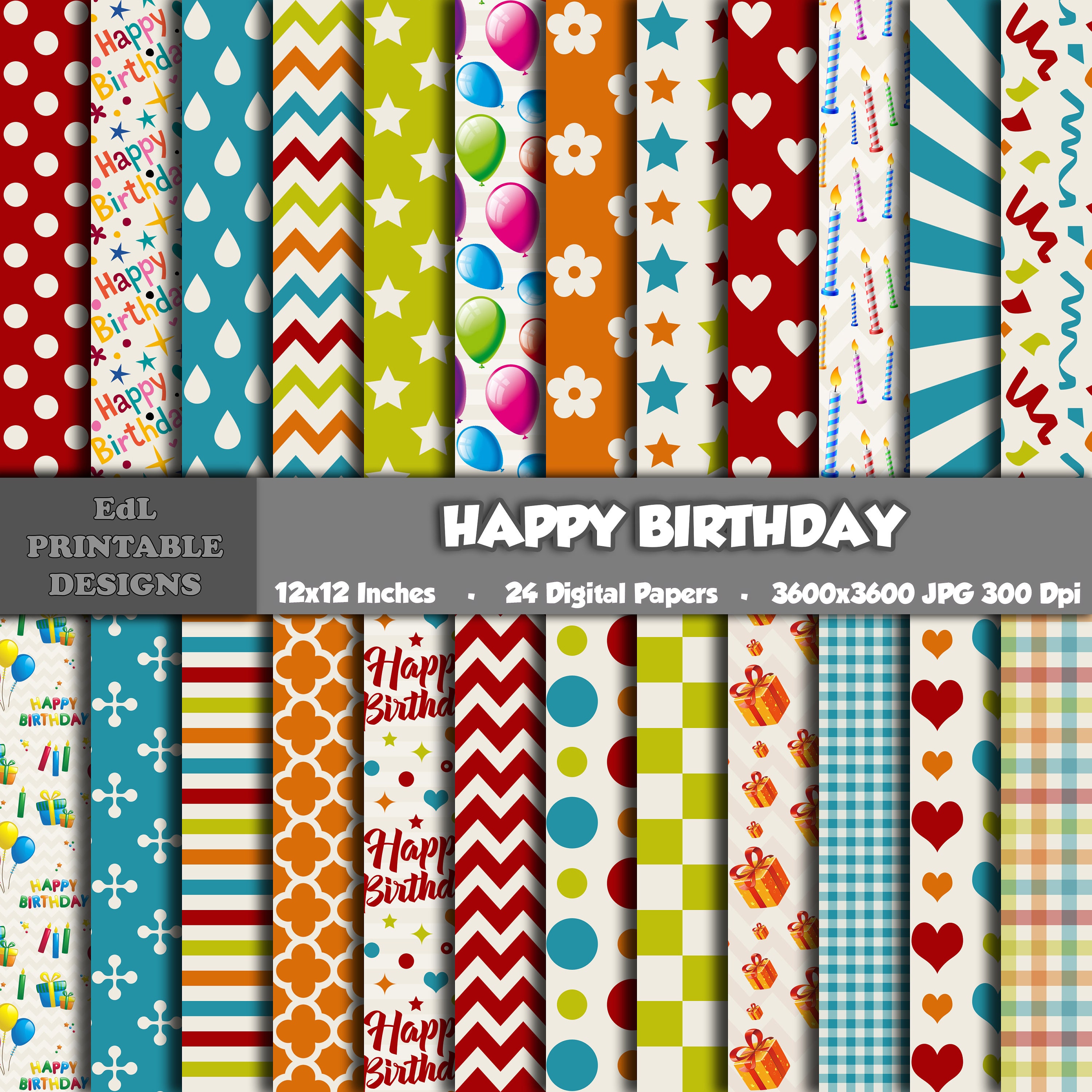 Happy Birthday Digital Paper Pack, Party Paper Printable Background ...
