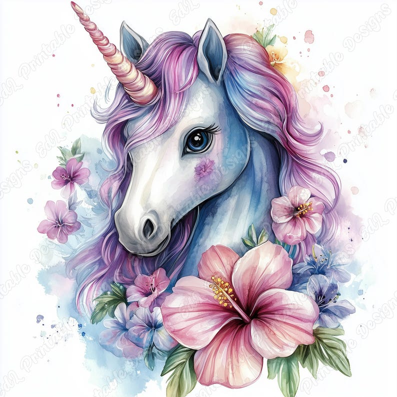 Watercolor Unicorn Clip Art, Rainbow Unicorns, Flower Crown (JPG ...