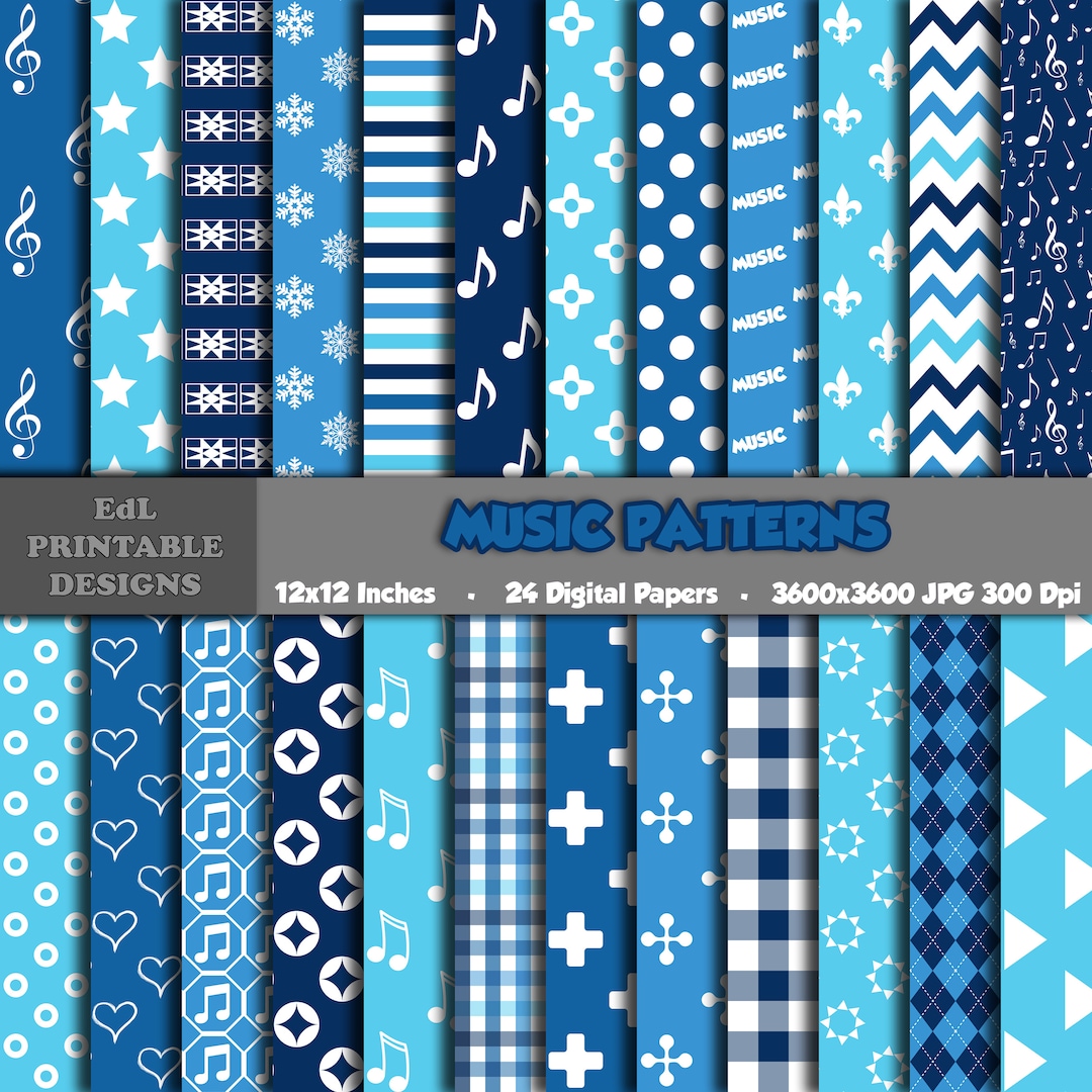 Music Patterns Digital Paper, Shades of Blue Printable Background ...