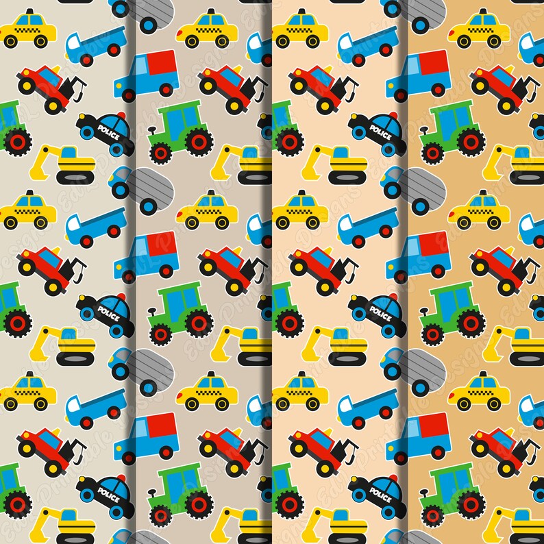 Cute Cars Pattern Digital Paper Pack, Vehicles Printable Background ...