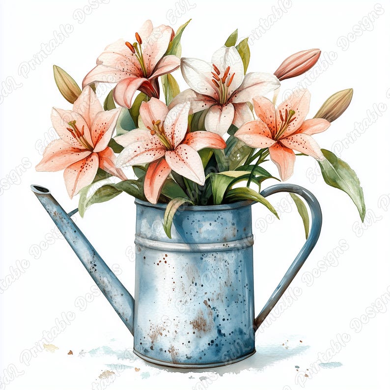 Watercolor Watering Can Clipart, Cottage Garden Flowers Decor (digital ...