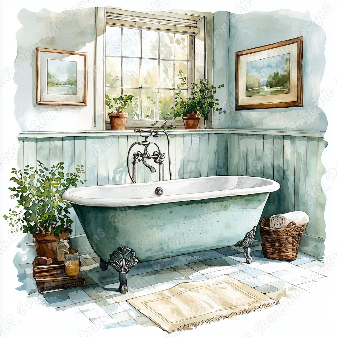 Vintage Bathroom Watercolor Clipart, Shabby Chic Bathtub Illustration ...