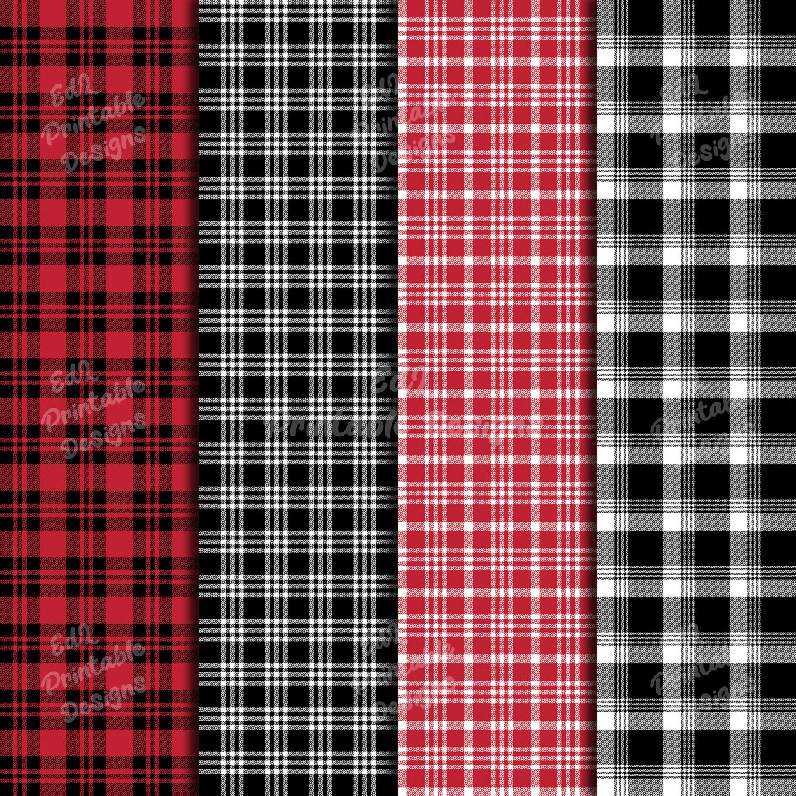 Red Black White Buffalo Plaid Digital Paper, Tartan Scrapbook Paper ...