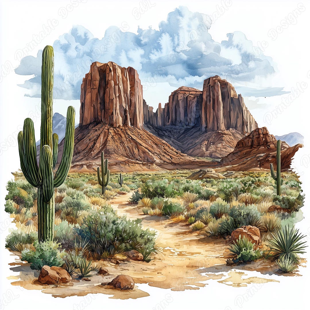 Watercolor Desert Landscape Clip Art, Cactus Mountain Printable ...
