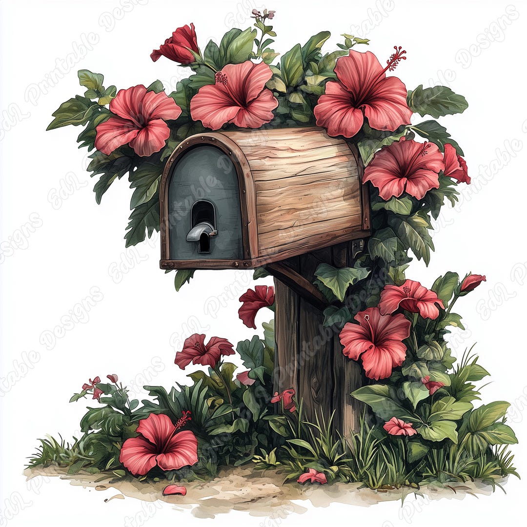 20 Wood Mailbox With Flowers Clip Art, Rustic Mail Box Printable Image ...
