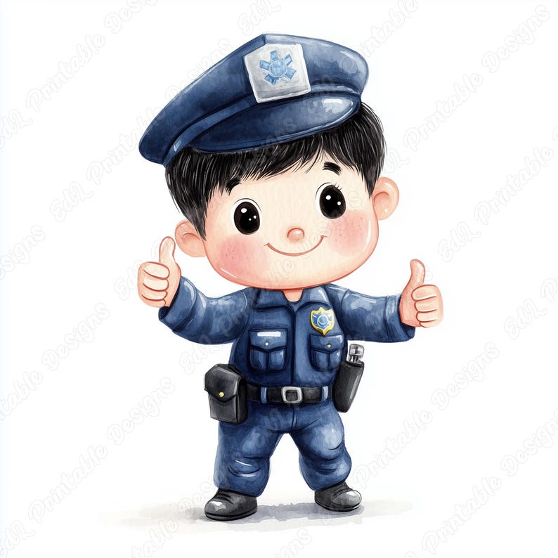 Police Officer Boy Clipart, Watercolor Little Cop Paper (JPG Digital ...