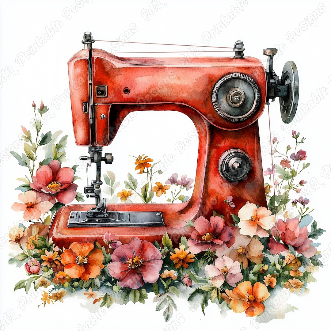 20 Vintage Sewing Machine Clip Art, Floral Sewing Machine Printable ...