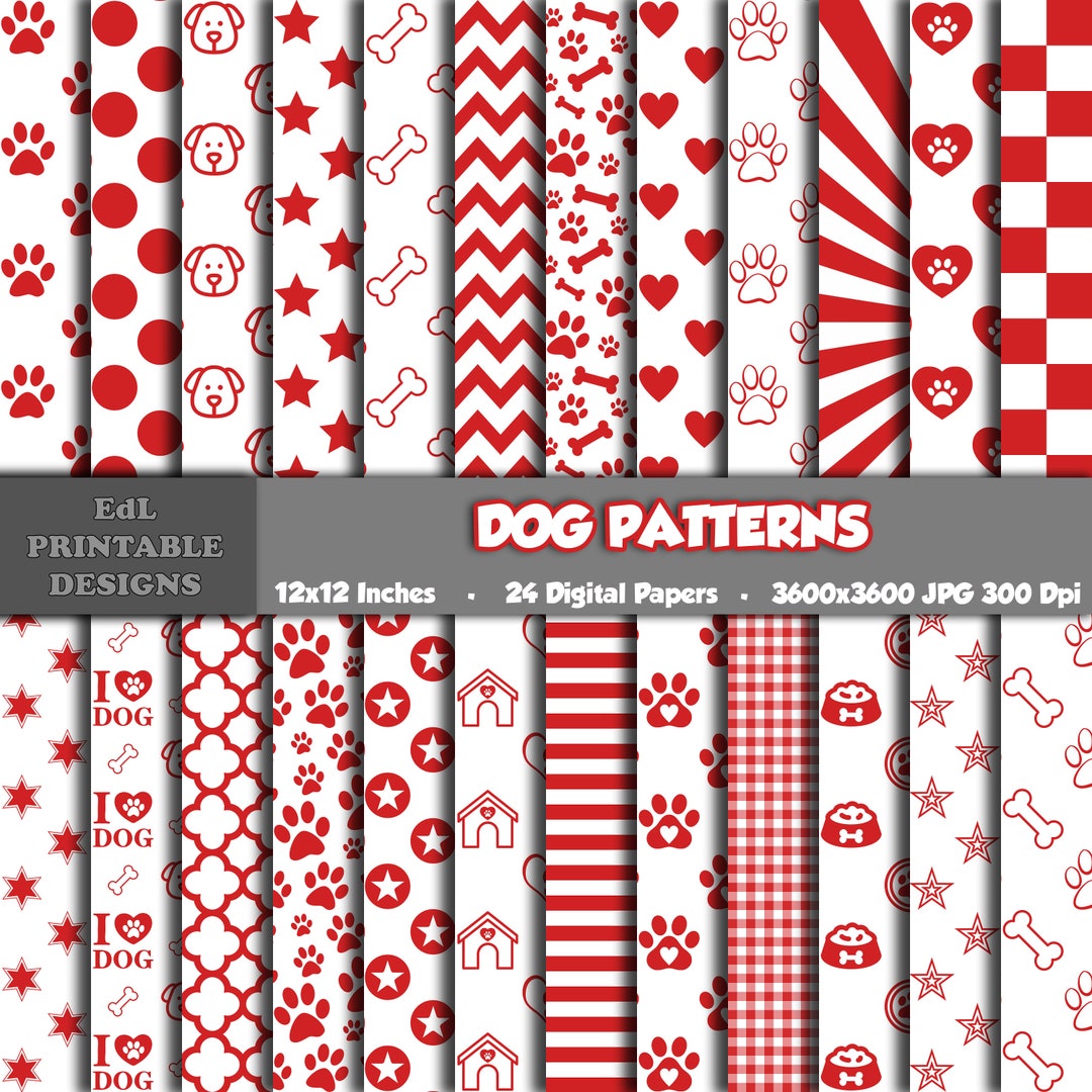 White and Red Dog Patterns Digital Paper, Animal Prints Background ...