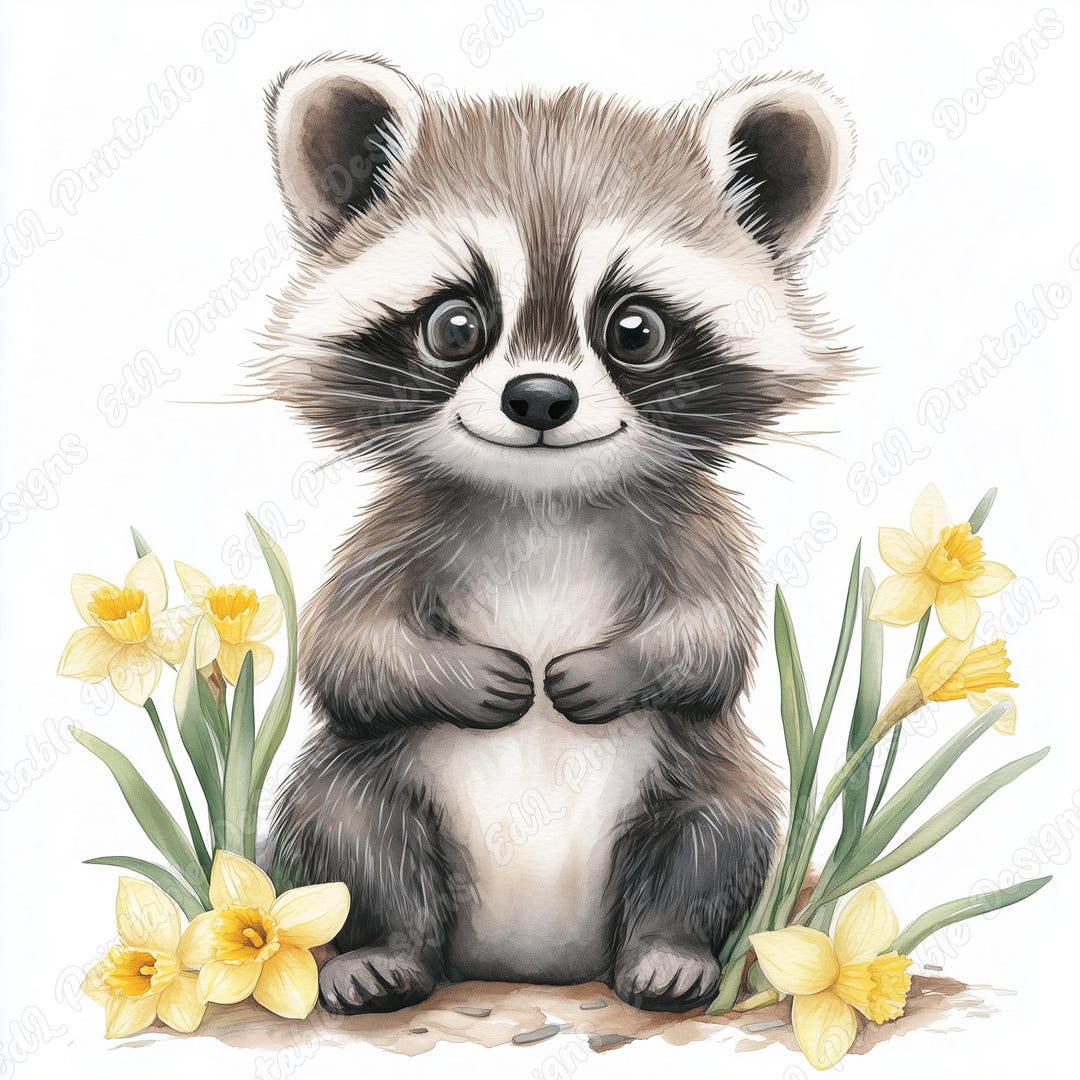 20 Watercolor Raccoon Clip Art, Happy Baby Raccoon Printable Images ...