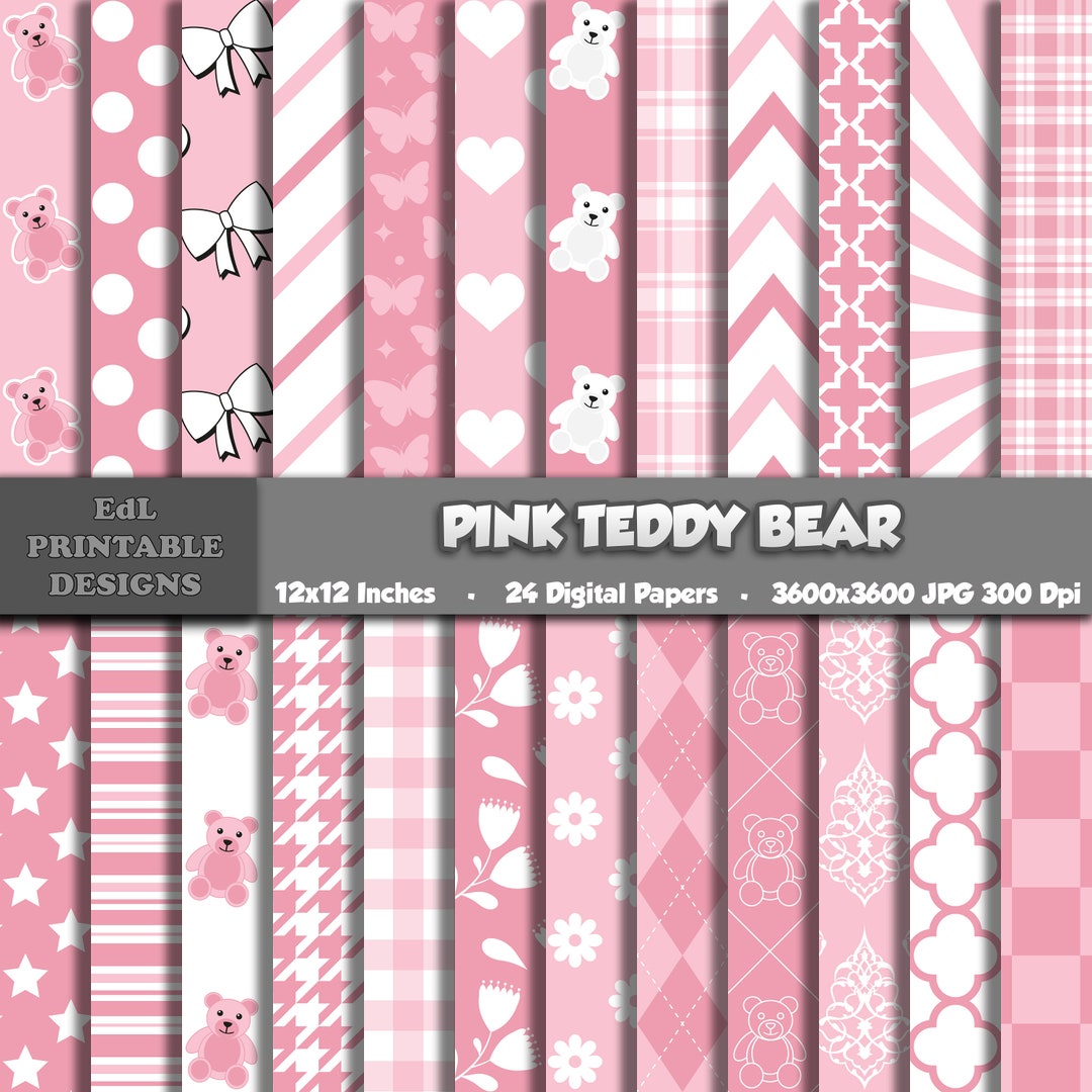 Pink Teddy Bear Digital Paper, Baby Girl Scrapbook (digital Download ...