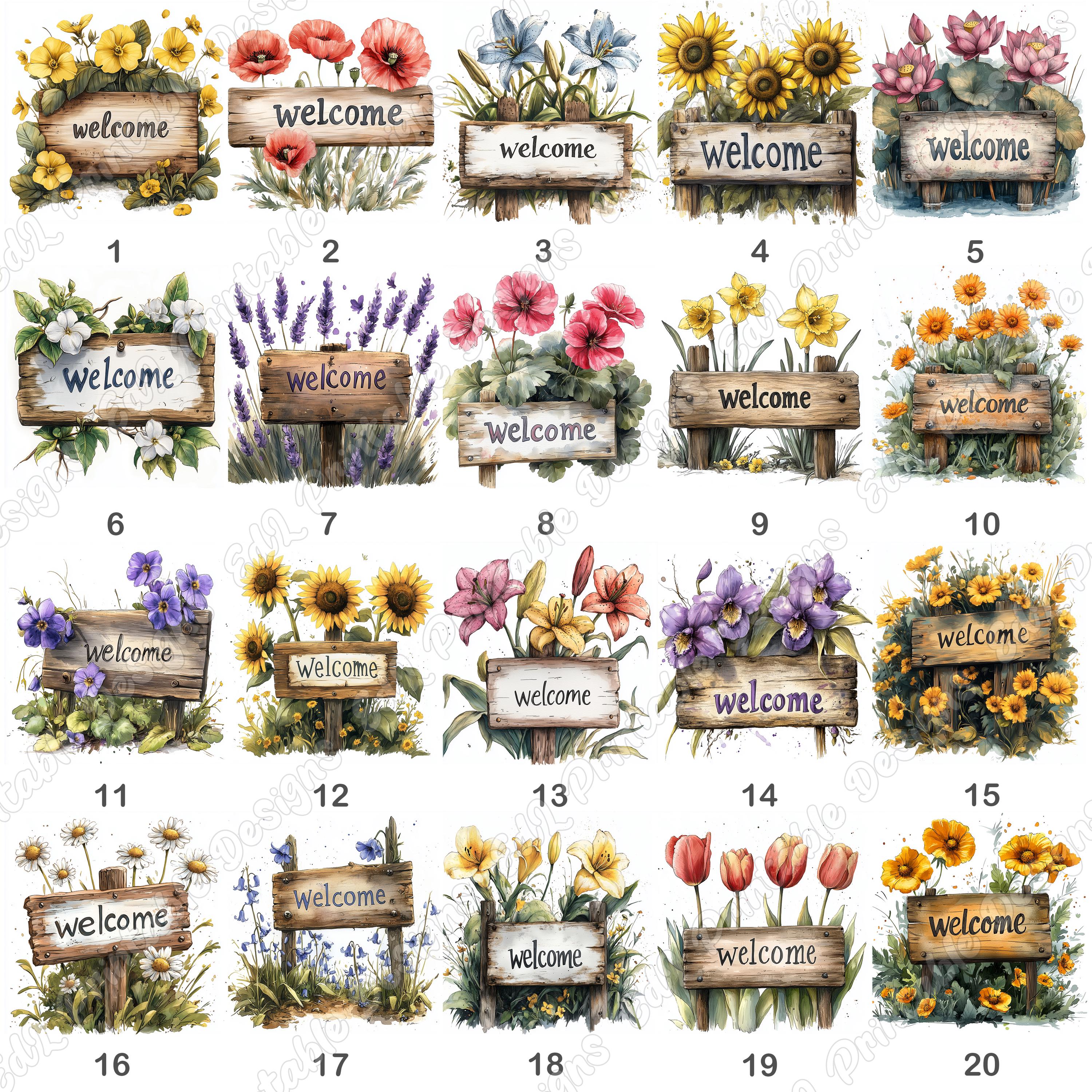 Watercolor Welcome Sign Clip Art, Wood, Yellow Flowers (digital ...